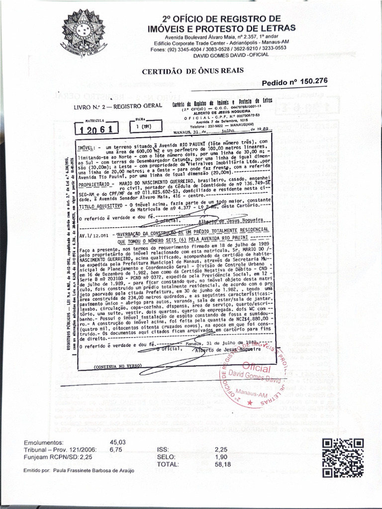 Certidao de Onus Reais - Imovel - Vieiralves | PDF