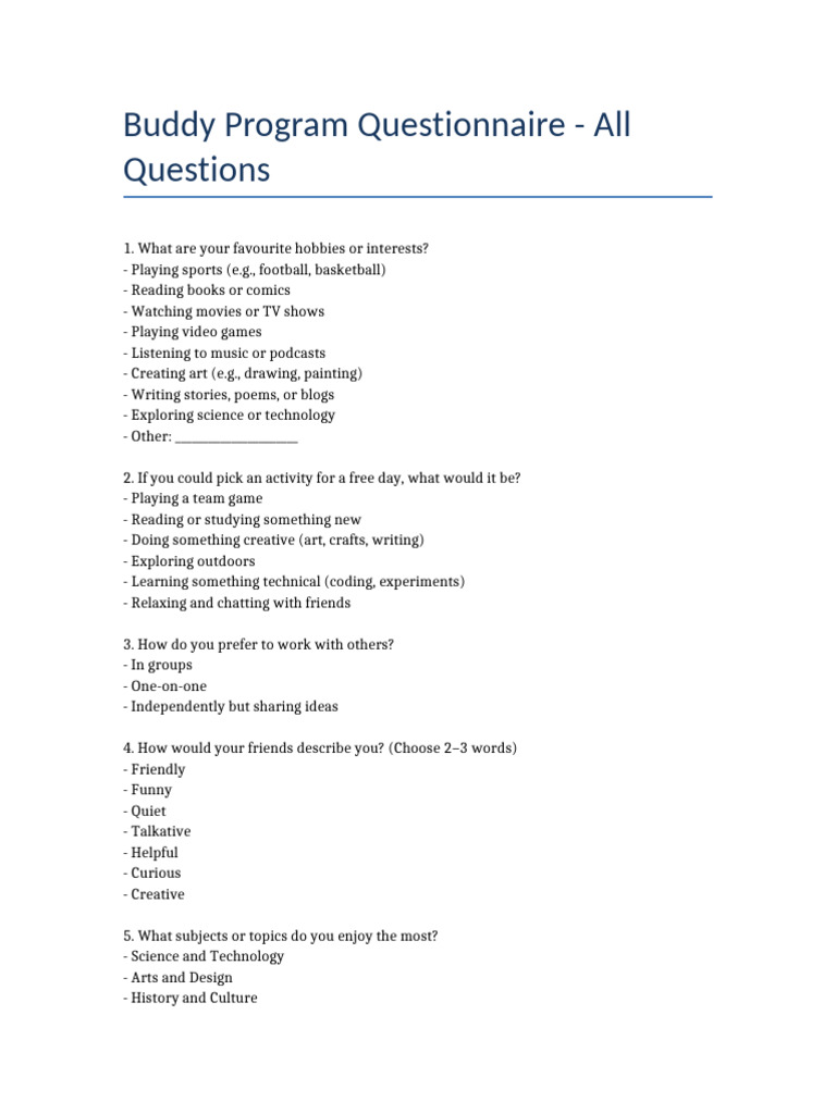 Buddy Program Questionnaire | PDF | Communication | Cognition