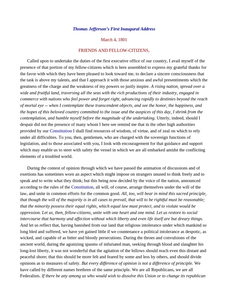 AP+US+ +P4+Jeffersons+First+Inaugural+Address | PDF