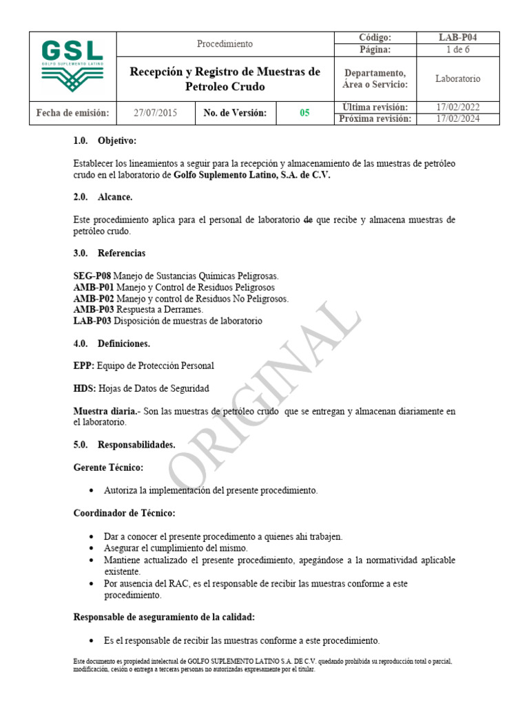 Recepción de Muestras de Petróleo | PDF | Laboratorios