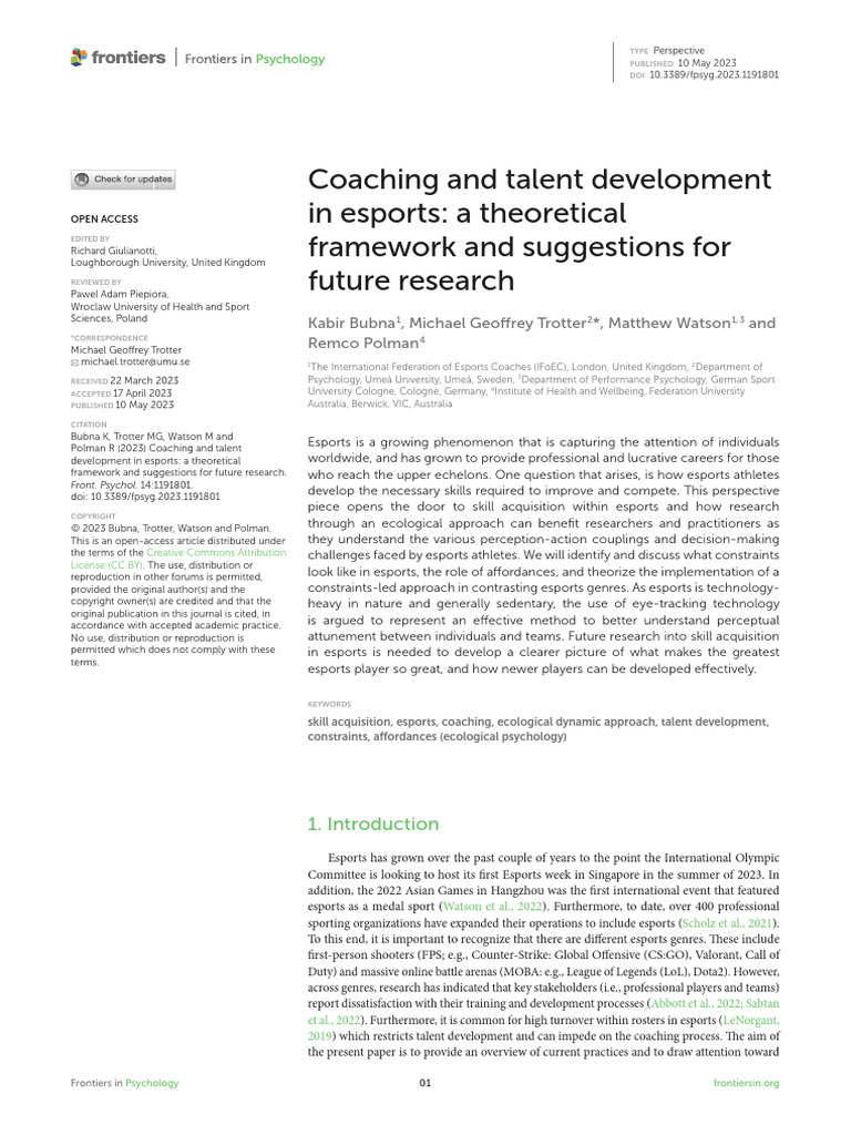 Coaching and Talent Development in Esports A Theoretical Framework and ...