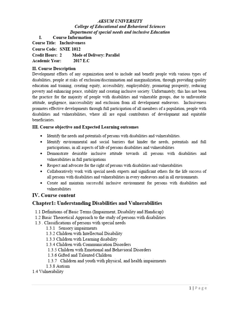 Inclusiveness Course Outline 2017 | PDF | Inclusion (Education ...