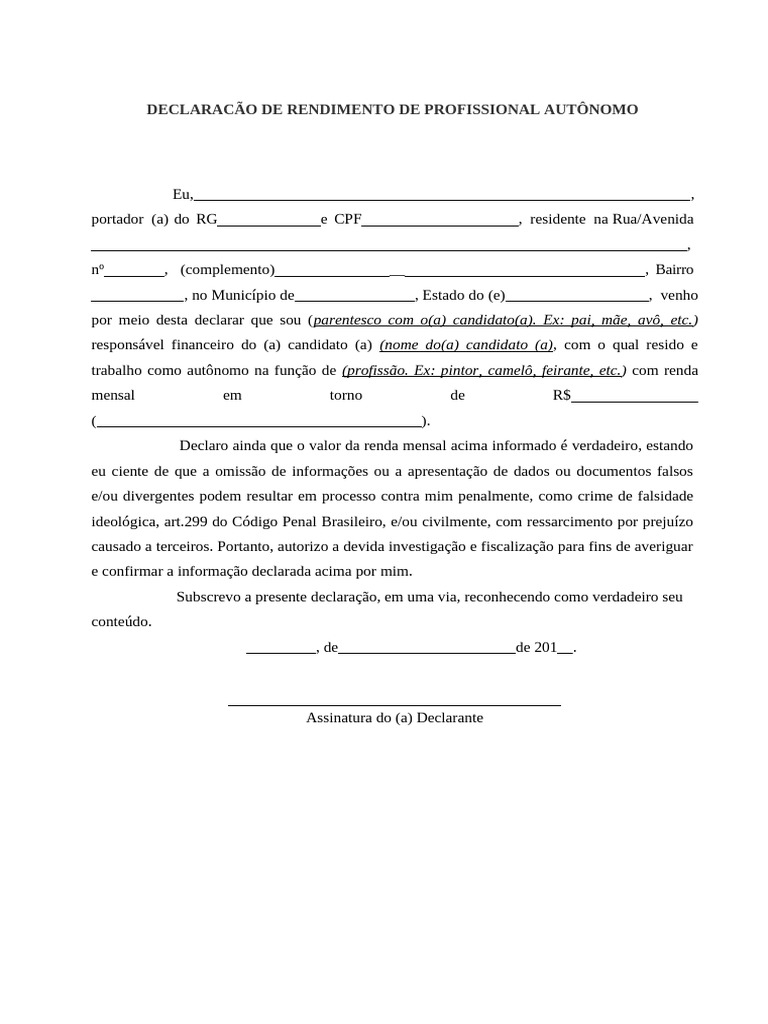Declaracão de Rendimento de Profissional Autônomo | PDF