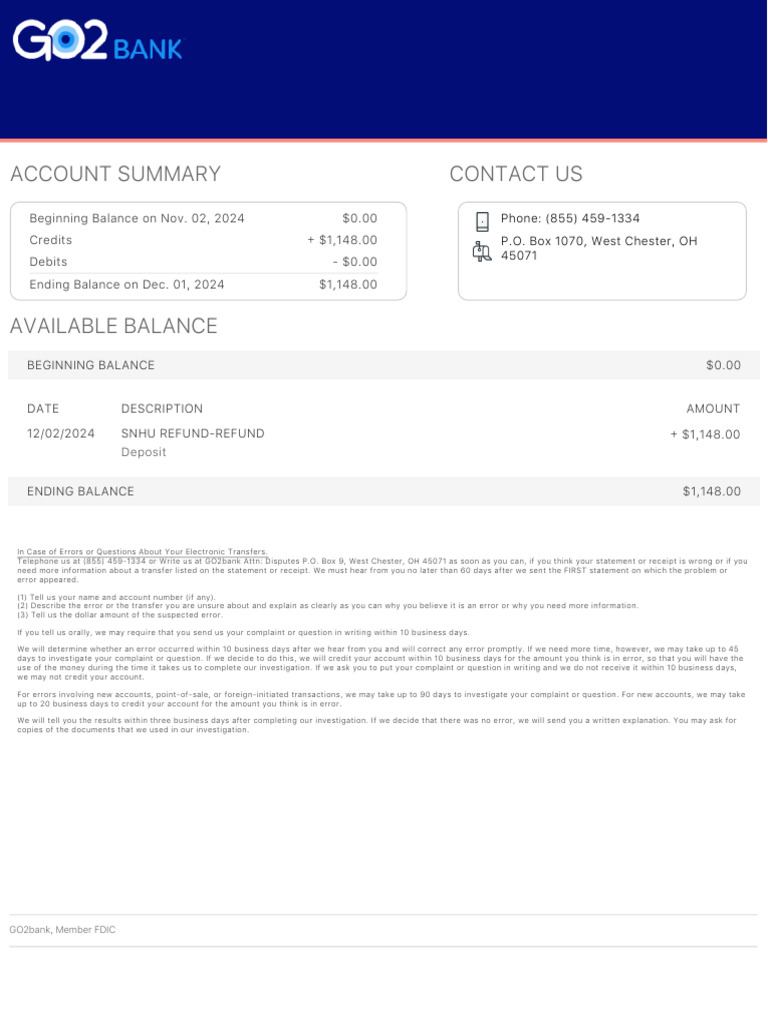 Go2bank Statement 3be1ddd2 Af29 45b4 Be4b Afdaba6cea53 202412 | PDF | Financial Services