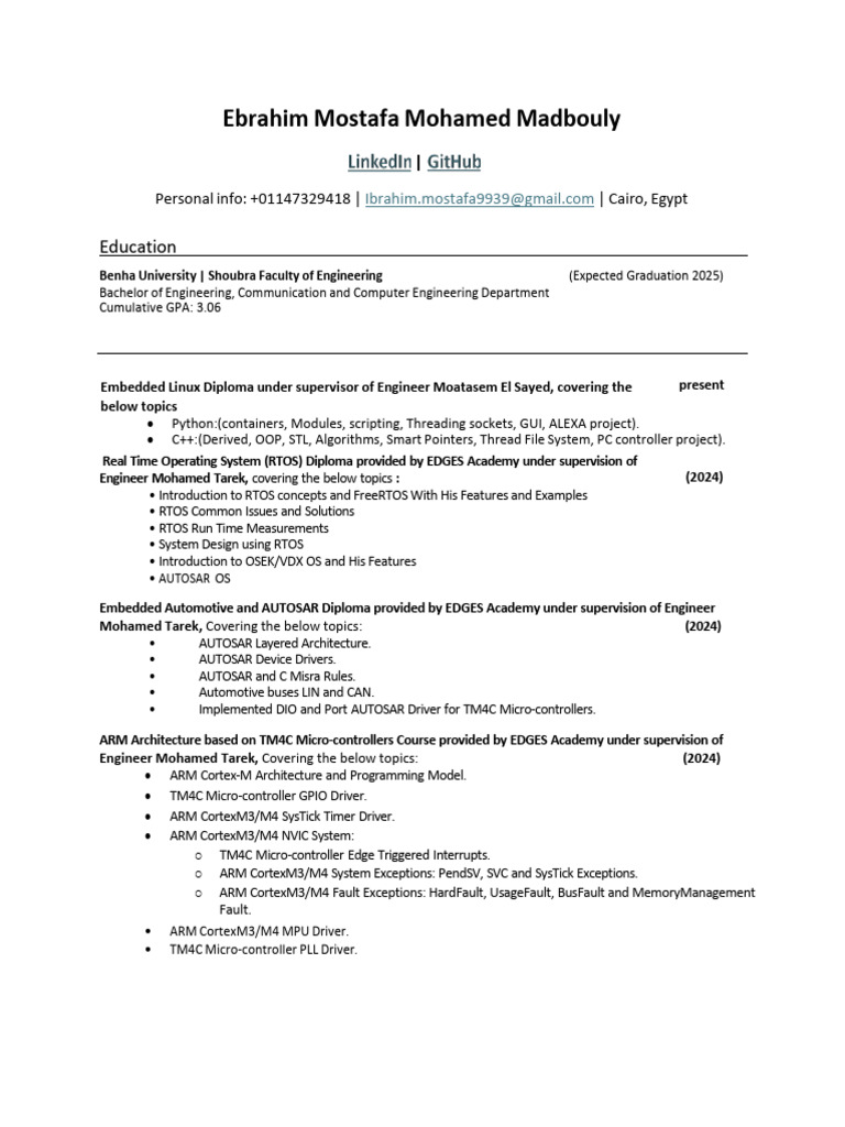 Ebrahim_Mostafa_Mohamed_CV | PDF | Microcontroller | Embedded System