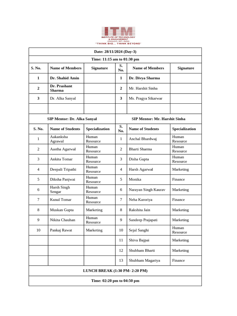 Revised Day-3rd SIP Presentation Schedule | PDF
