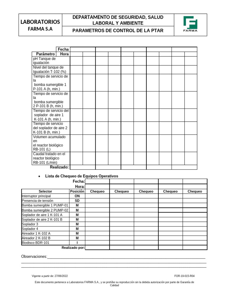 FOR-19-015 PARAMETROS DE CONTROL DE LA PTAR | PDF