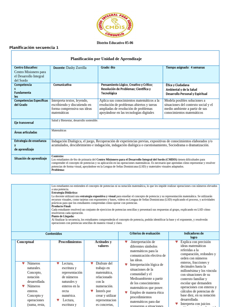 Planificación Por Unidad de Aprendizaje Matematicas 6to de Primaria ...