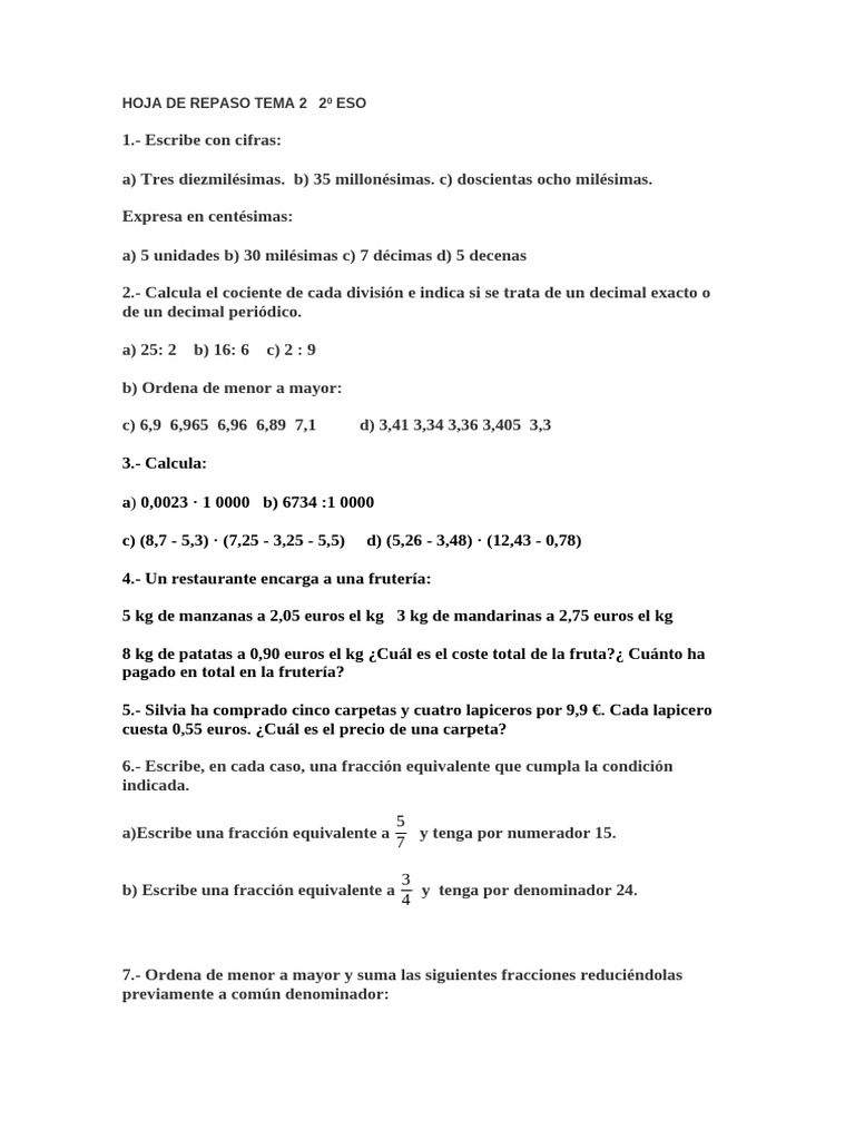 Hoja de Repaso Tema-2 2º Eso 24-25 | PDF