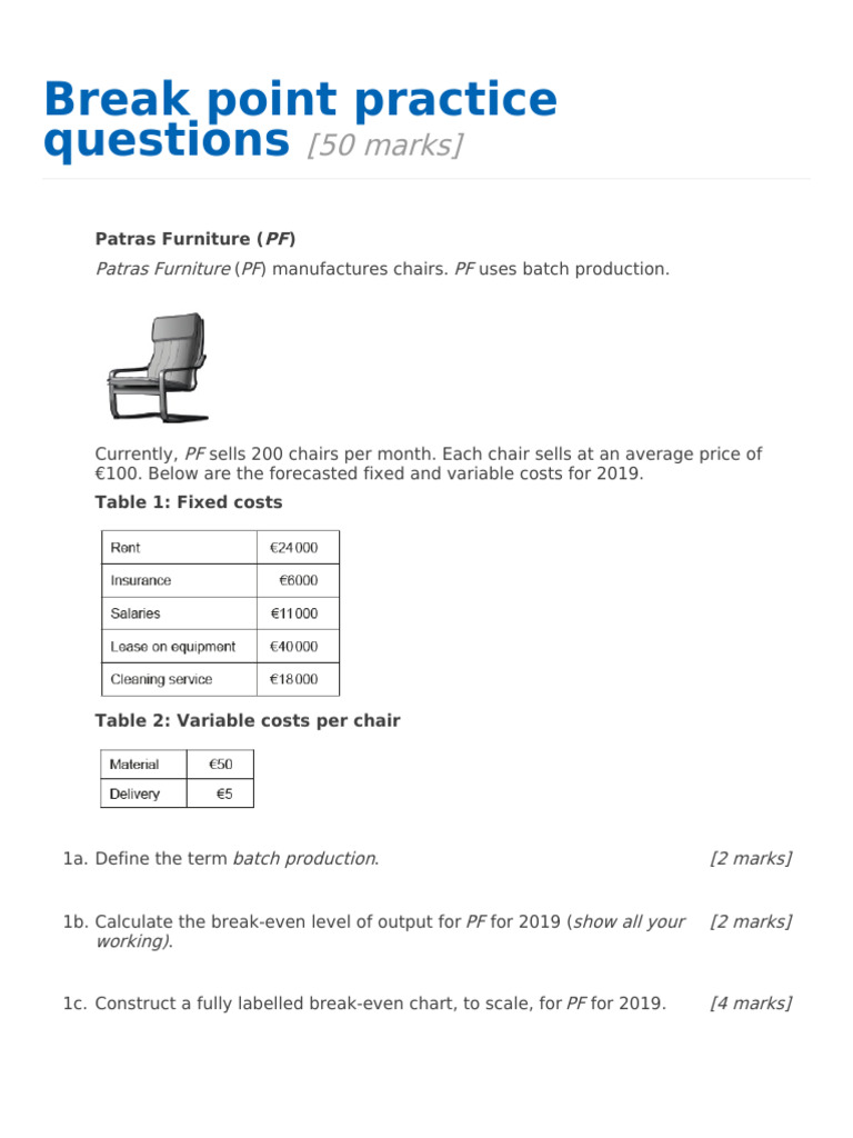 Break Point Practice Questions | PDF | Business | Pricing