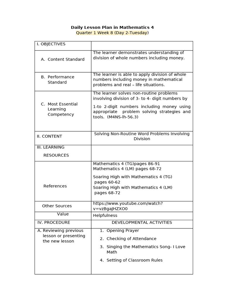 Math 4 LP - Q1-Wk 8-Day 2-MELC | PDF | Learning | Mathematics