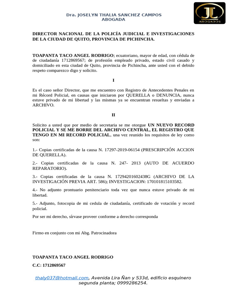 Toapanta Taco Angel Rodrigo (Limpiar Record Policial) | PDF