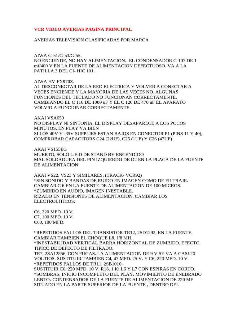 Averías Comunes en VCRs y Soluciones | PDF | Fuente de alimentación ...