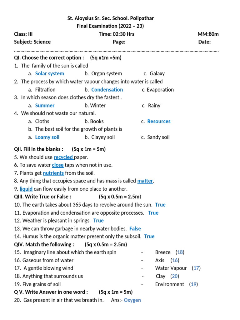 Final Examination 2022 Answersheet (Class-3 Science) | PDF | Earth | Water