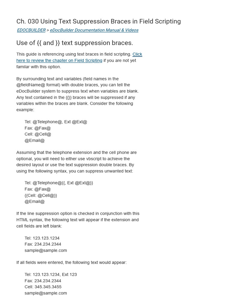 Ch. 030 Using Text Suppression Braces in Field Scripting | PDF