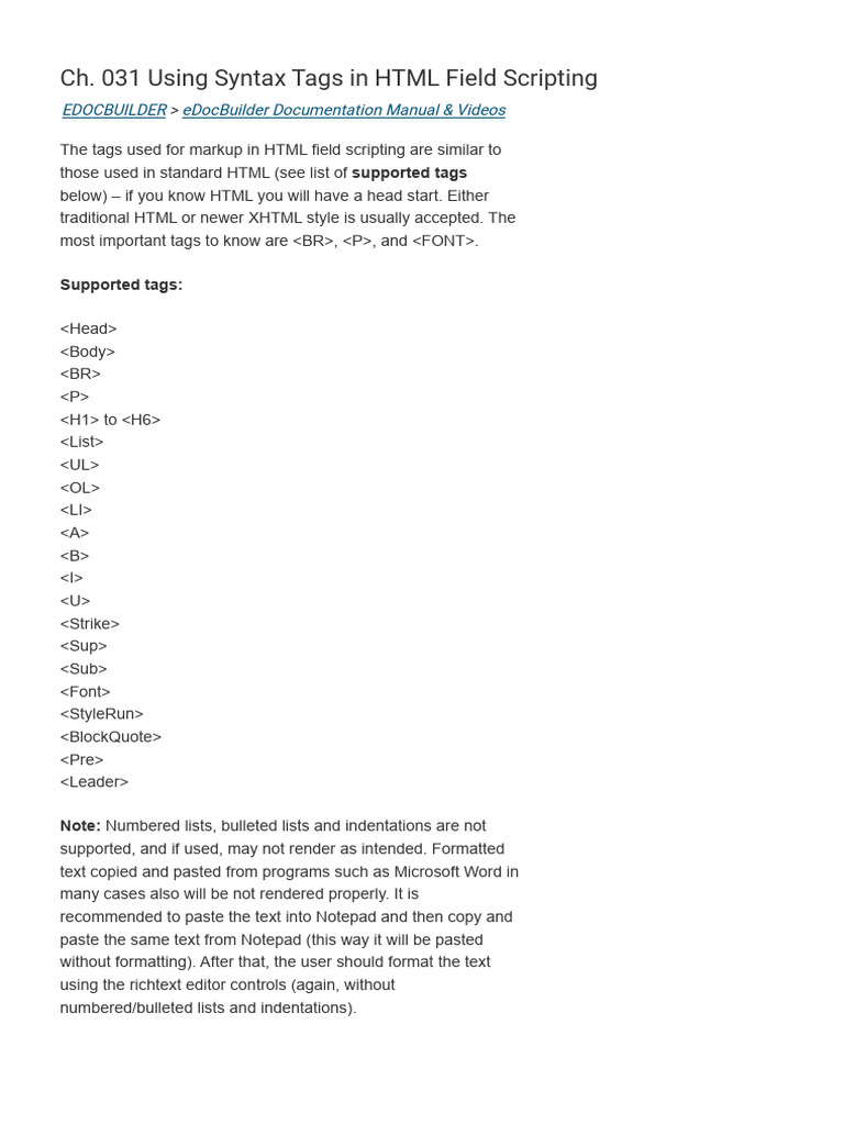 HTML Syntax Tags for eDocBuilder | PDF | Html Element | Html