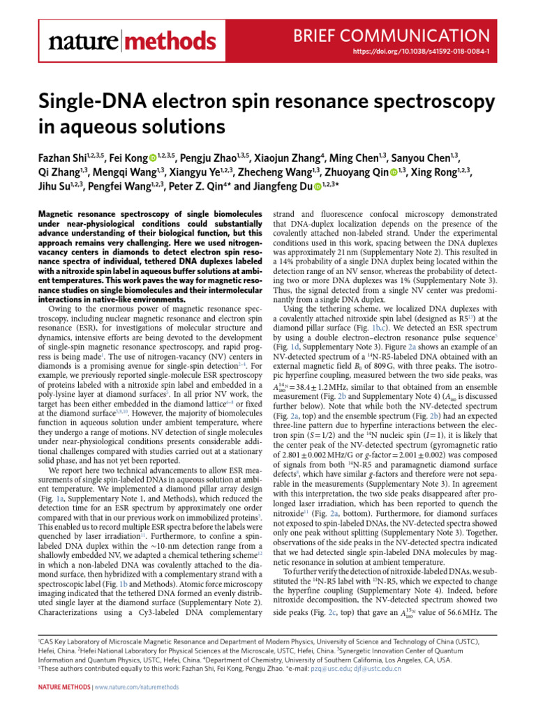 2018 - Single-DNA Electron Spin Resonance Spectros | PDF | Electron ...