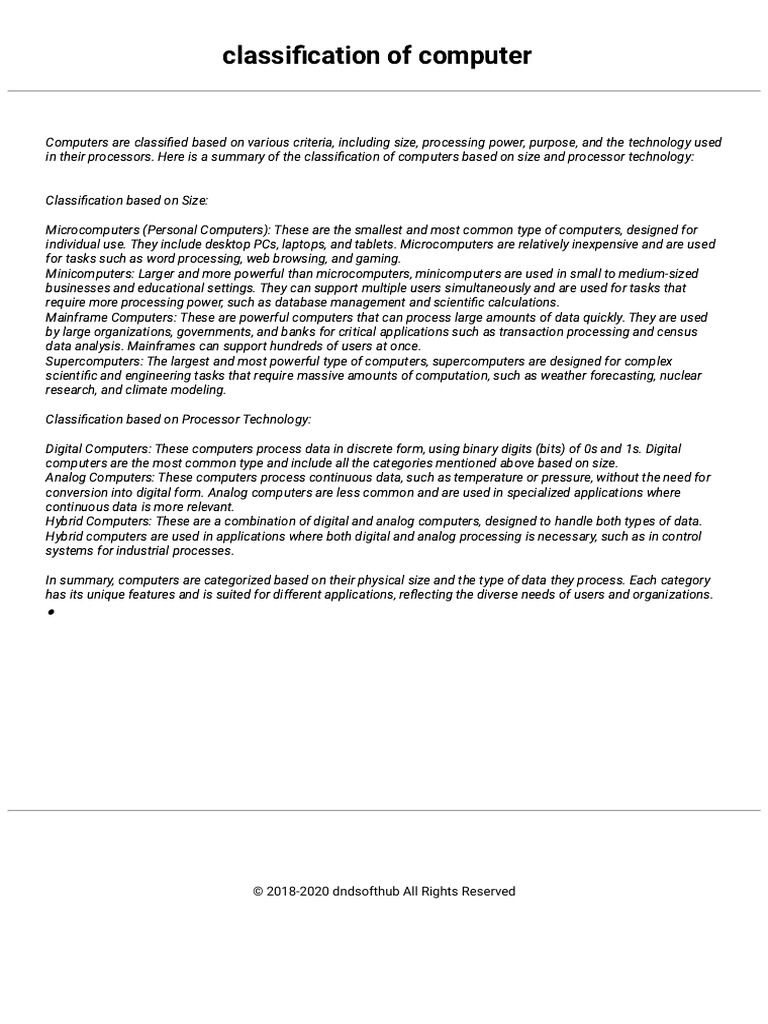 Classification of Computer: © 2018-2020 Dndsofthub All Rights Reserved | PDF | Microcomputers ...