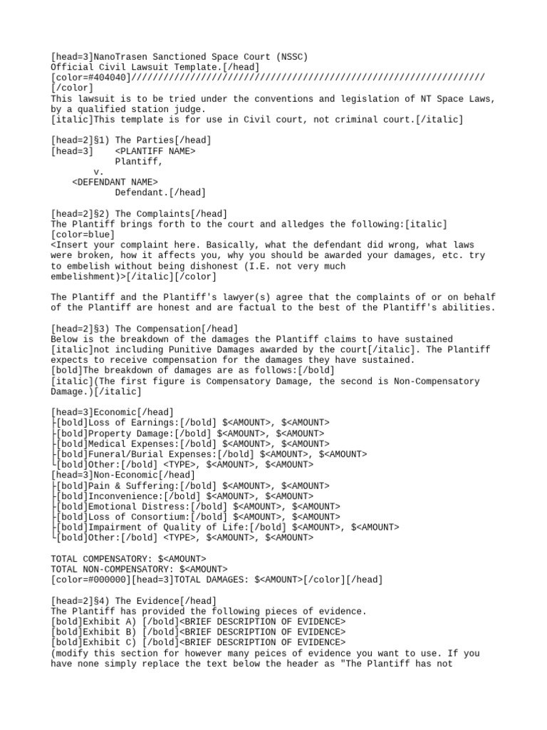 NSSC Civil Lawsuit Template | PDF | Damages | Lawsuit