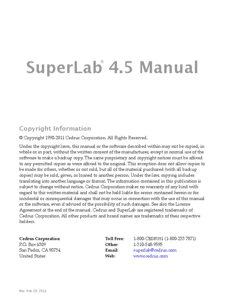 Superlab 4.5 Manual: Cedrus Corporation ! Toll Free: ! Other: ! Email ...