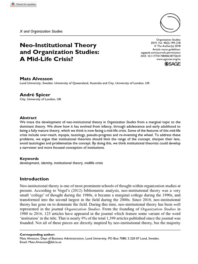 Alvesson Spicer 2018 Neo Institutional Theory and Organization Studies ...