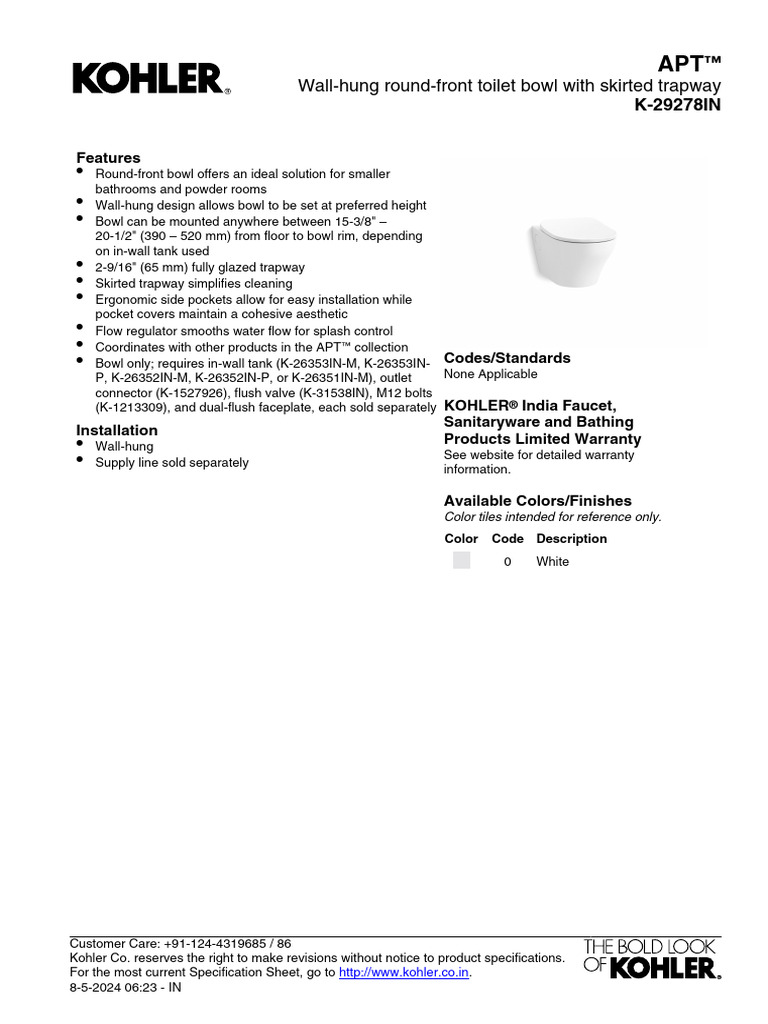 K-29278IN Spec IN Kohler en | PDF | Toilet | Tap (Valve)