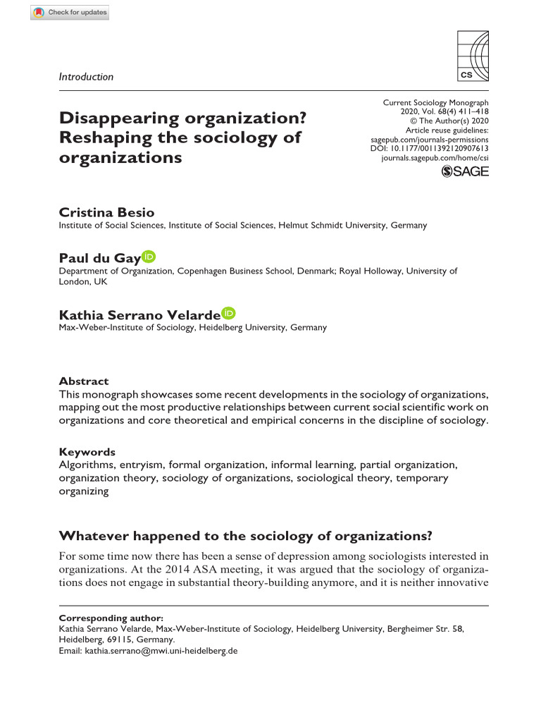 Besio Et Al 2020 Disappearing Organization Reshaping The Sociology of ...