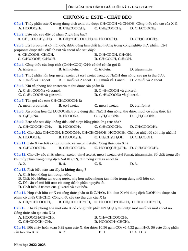 De Cuong on Kiem Tra Danh Gia Cuoi Ky I- Hoa 12 Gdpt | PDF