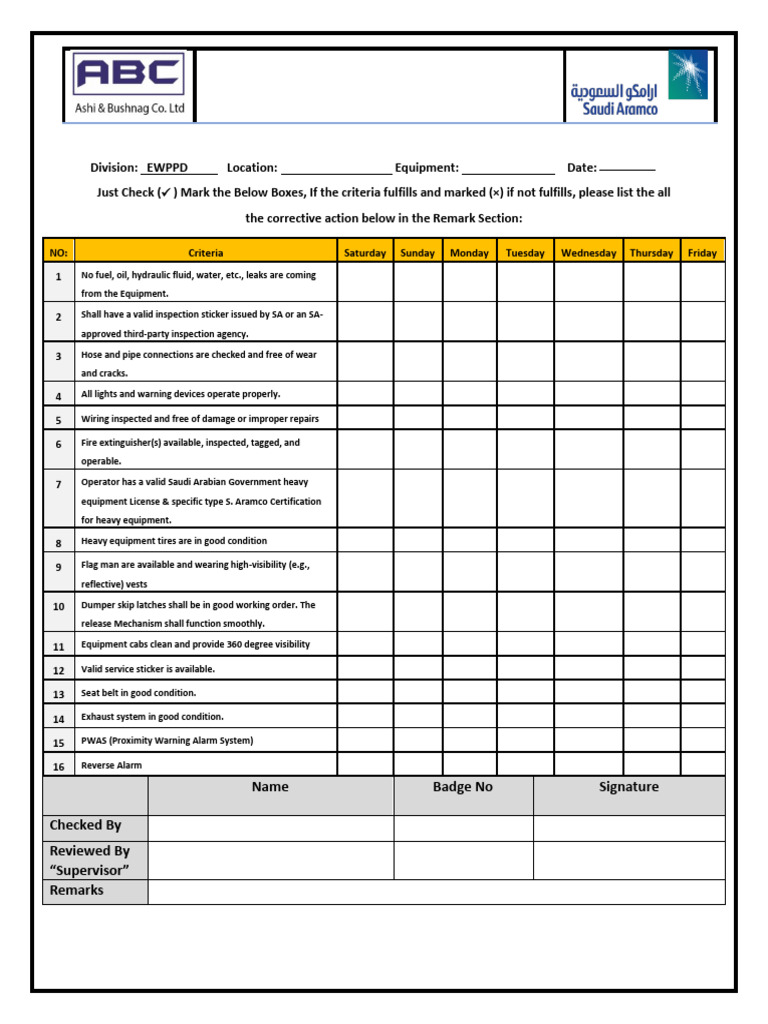 Equipment Checklist PDF | PDF