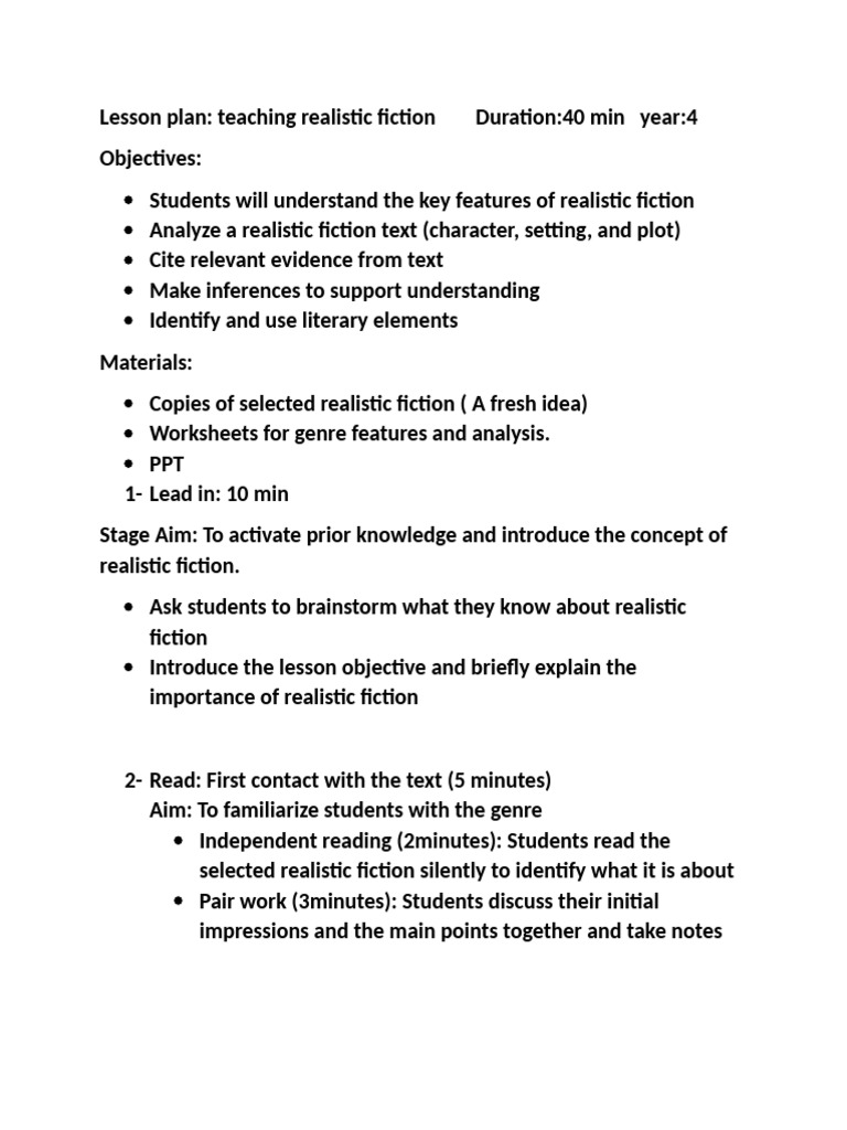 Lesson Plan - Realistic Fiction | PDF