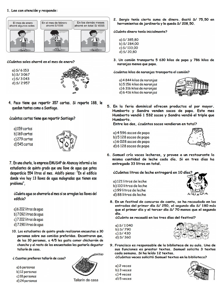Examen Nivel Basico 5to Mat | PDF