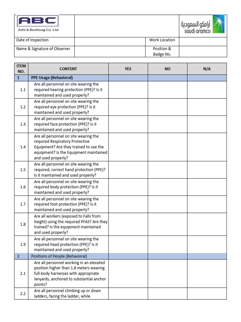BEHAVIOR OBSERVATION CHECKLIST | PDF | Personal Protective Equipment ...