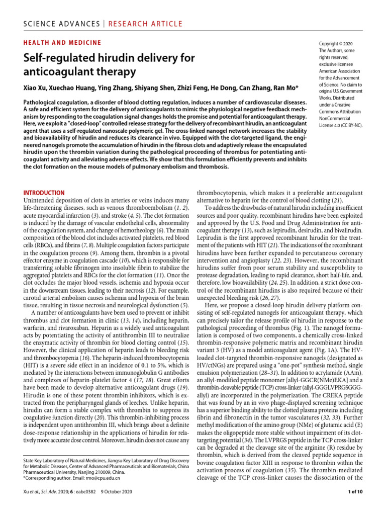 Sciadv Abc0382 | PDF | Coagulation | Thrombus