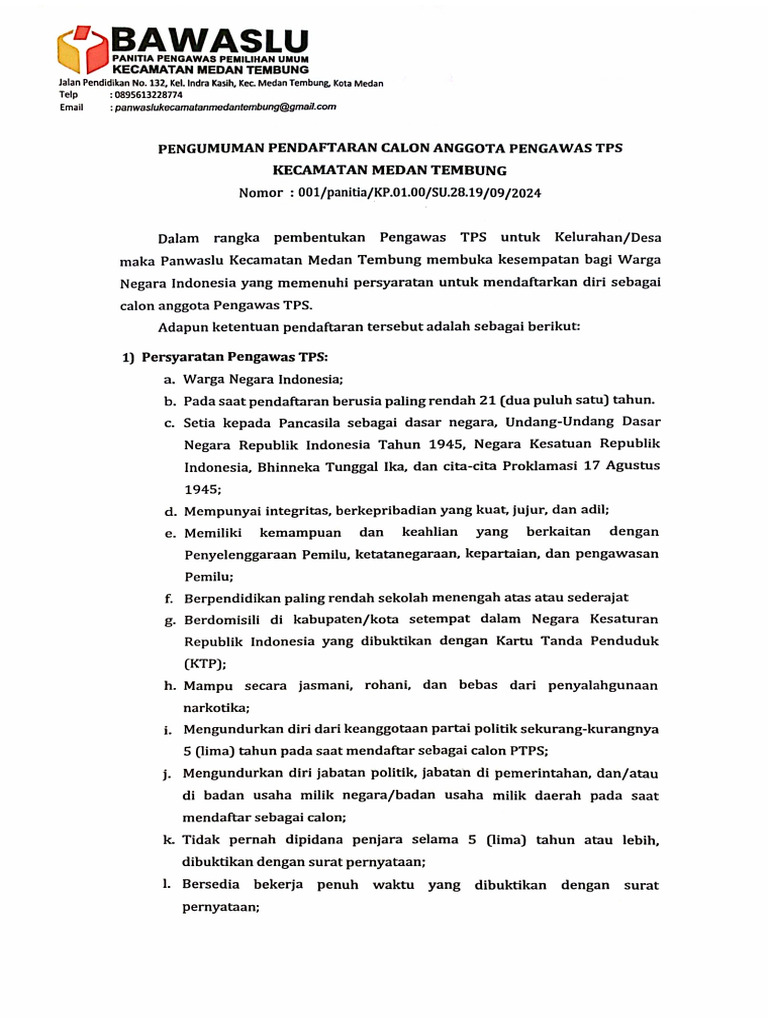 Surat Pengumuman Pendaftaran PTPS | PDF