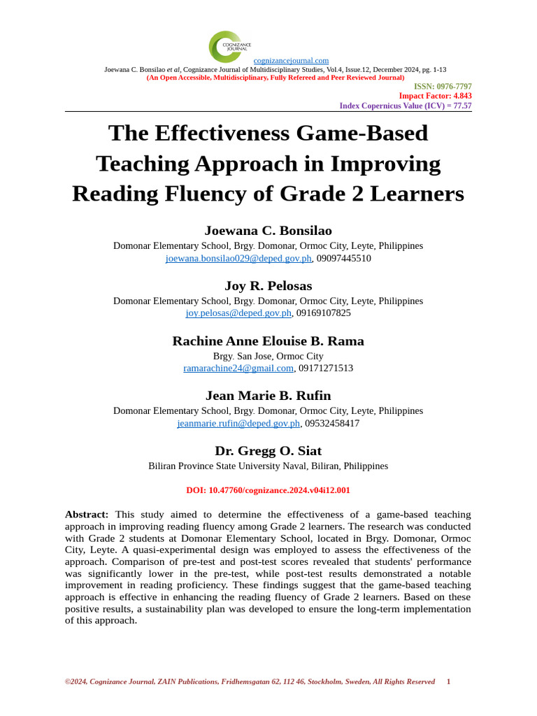 The Effectiveness Game-Based Teaching Approach in Improving Reading ...