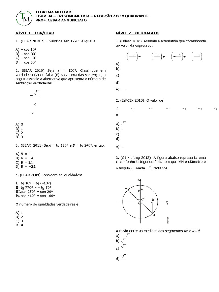 Lista 34 - Redução Ao 1º Quadrante | PDF | Trigonometria | Funções ...