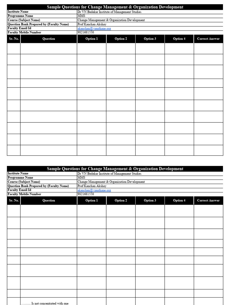 Sample Questions of Change Management Organization Development (1 ...