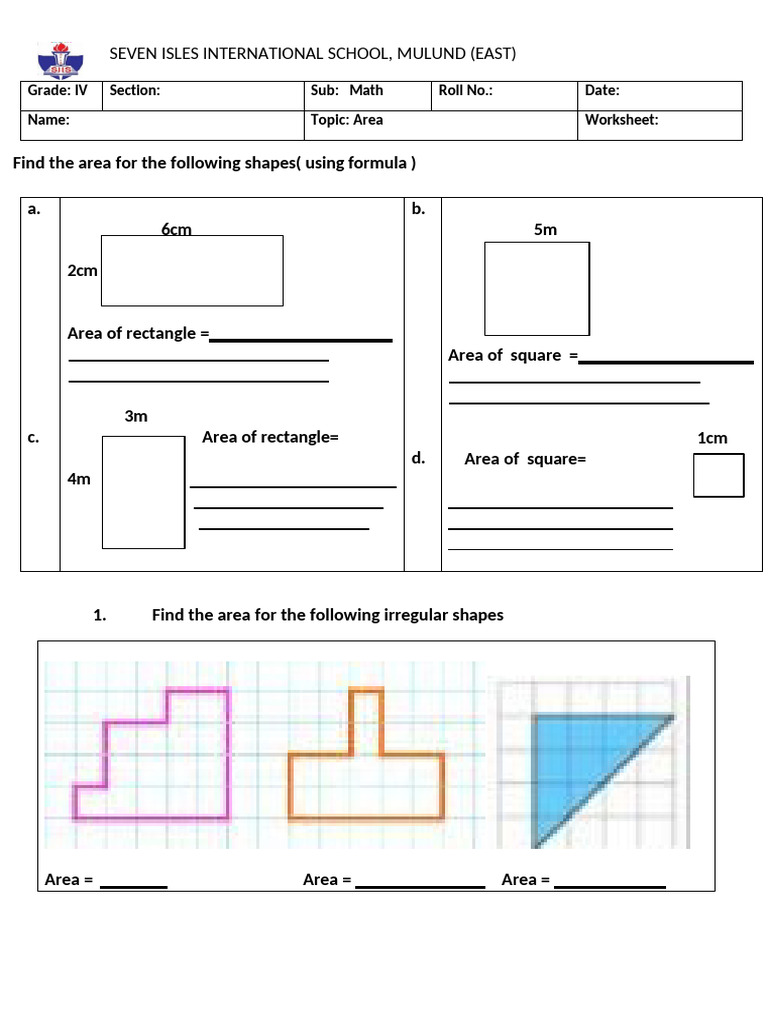 Area - Worksheet - Grade 4-Holiday HW | PDF