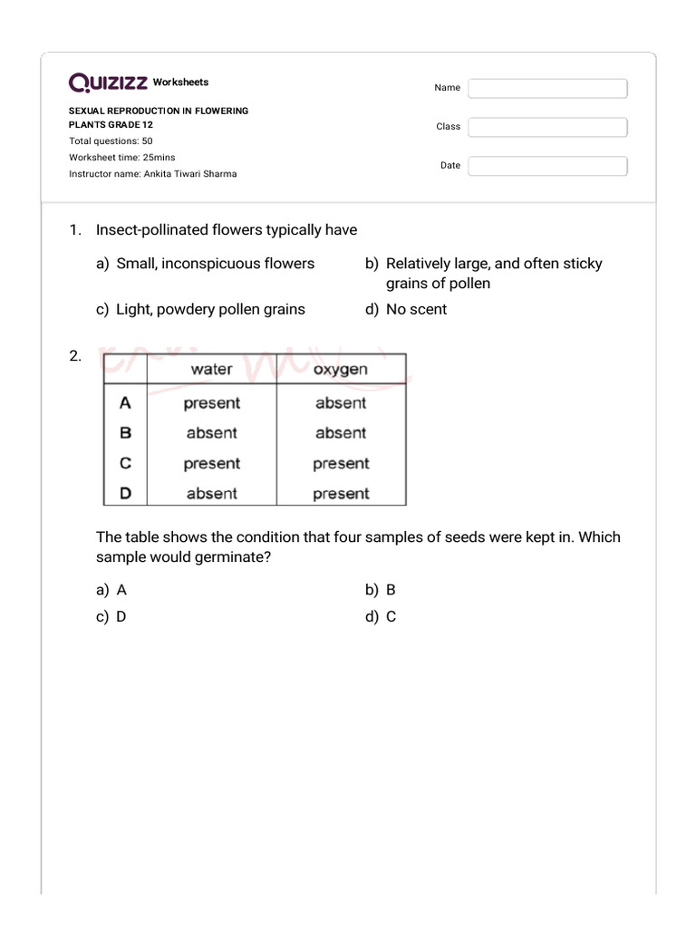 SEXUAL REPRODUCTION IN FLOWERING PLANTS GRADE 12 - Quizizz | PDF ...