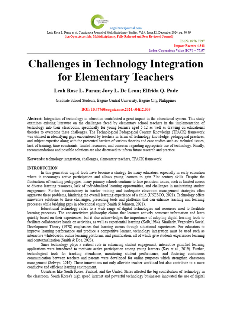 Challenges in Technology Integration For Elementary Teachers | PDF ...