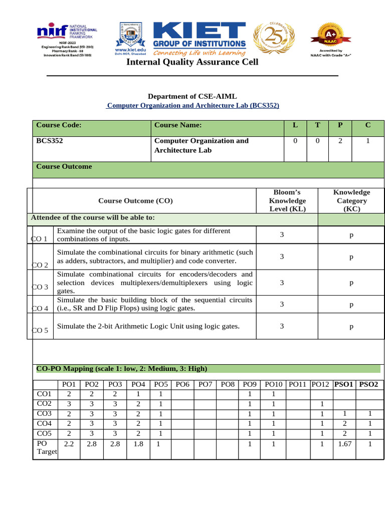 COA LAB LESSON PLAN | PDF | Logic Gate | Computer Science