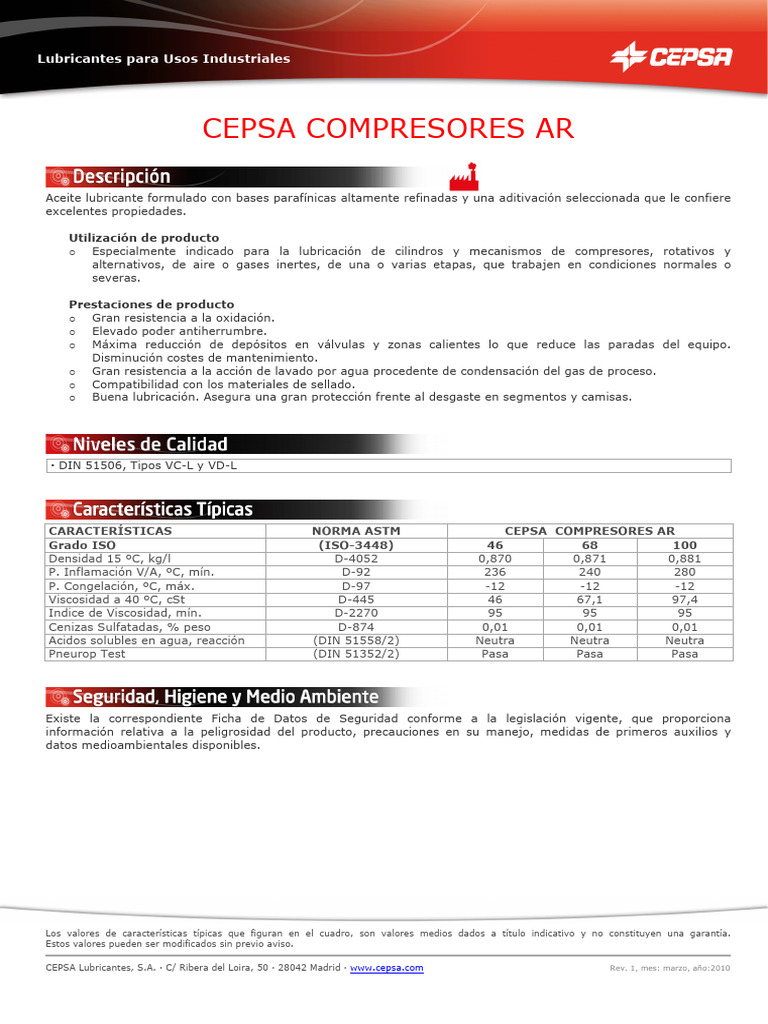Aceite CEPSA para Compresores AR | PDF | Lubricante | Agua