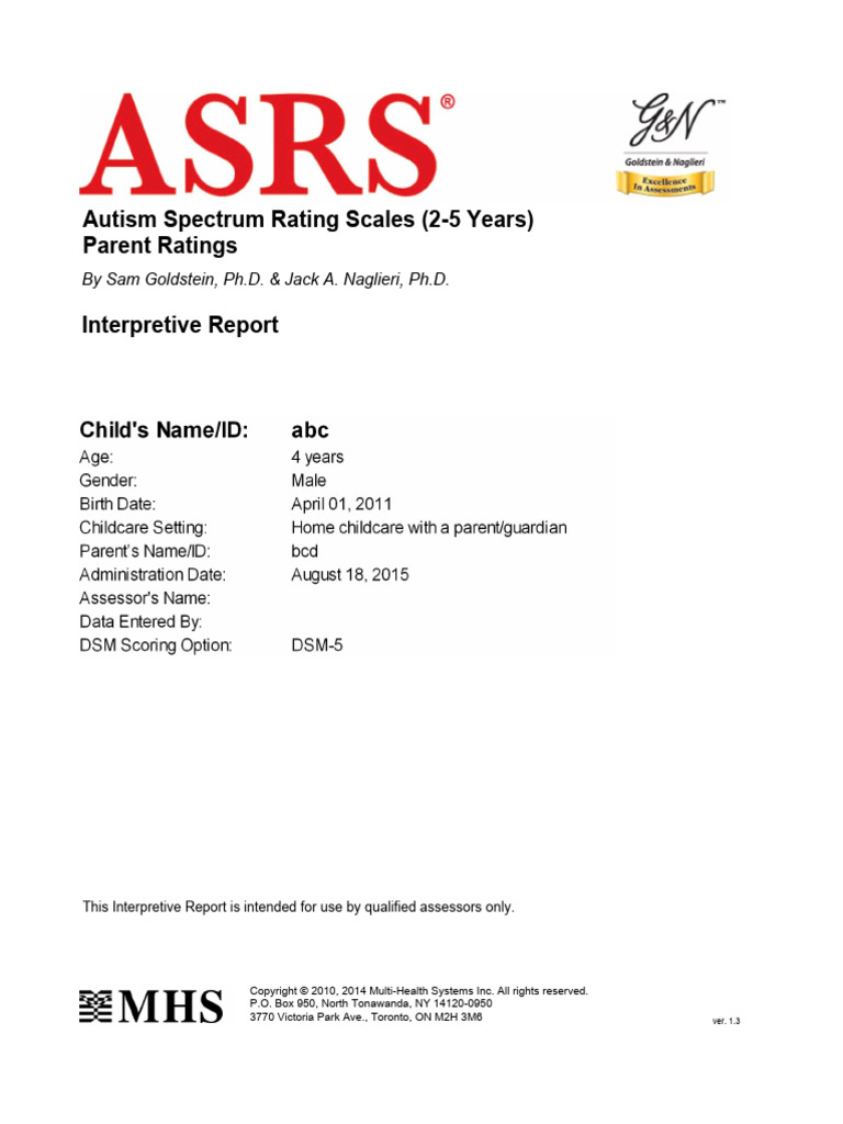 ASRS 2-5 Years Interpretive Report | PDF | Autism Spectrum | Spectrum ...