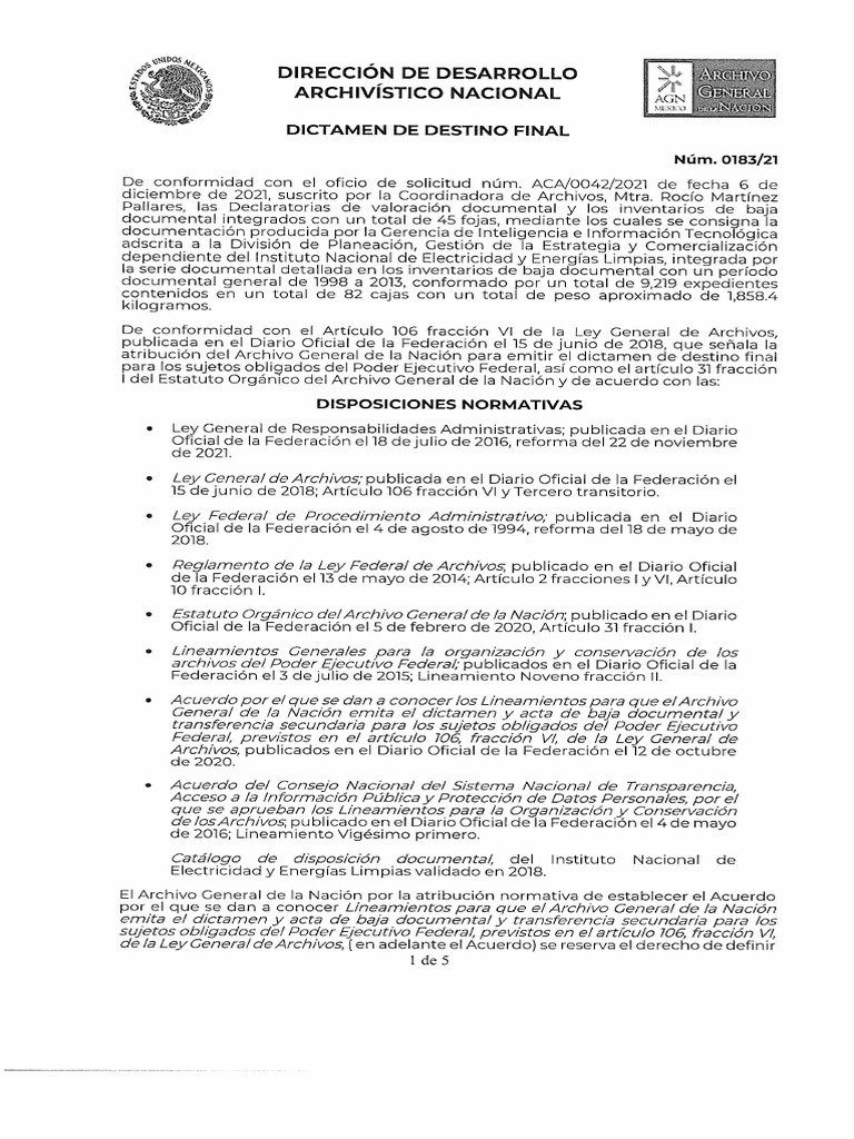 Dictamen Destino Final y Acta de Baja Documental Administrativa GIIT 0183-21 | PDF