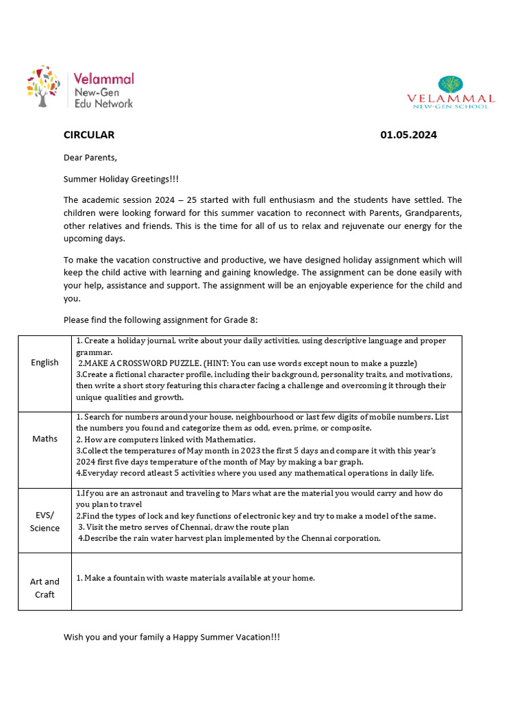 Grade 8 Holiday Homework | PDF