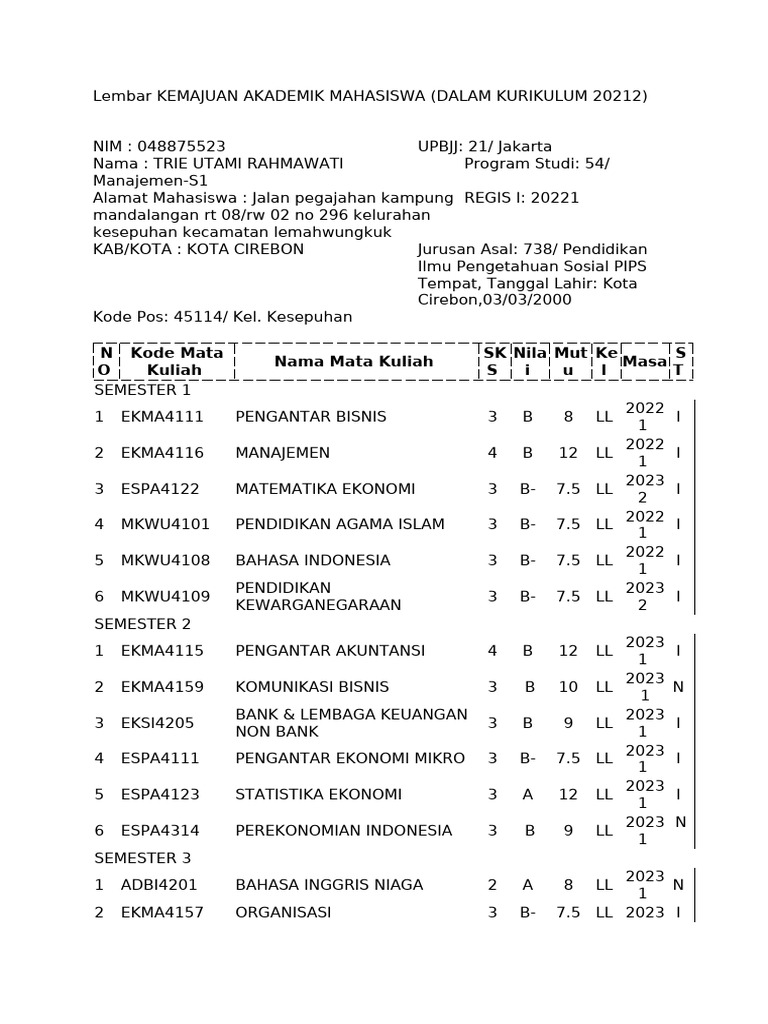 N O Kode Mata Kuliah Nama Mata Kuliah SK S Nila I Mut U Ke L Masa S T | PDF