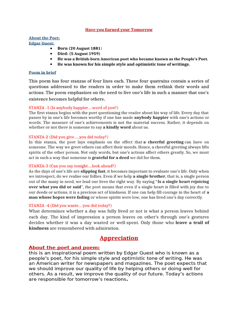 Edgar Guest's Poem Analysis: Earn Tomorrow | PDF | Poetry