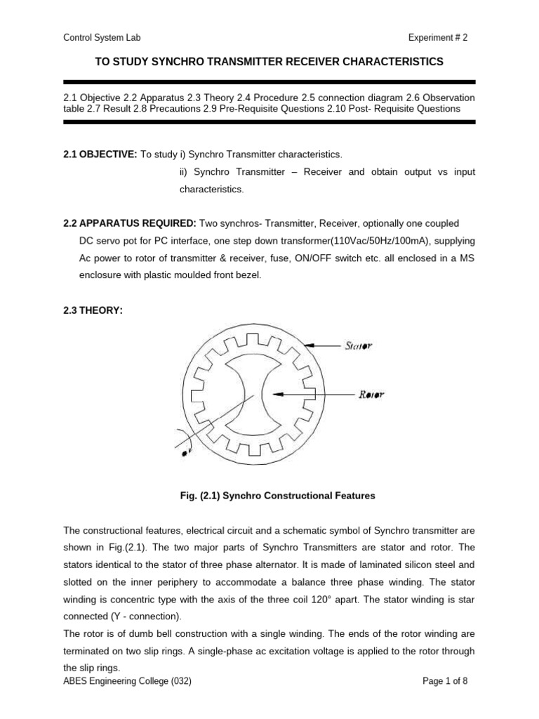 Expt.2TO STUDY SYNCHRO TRANSMITTER RECEIVER CHARACTERISTICS | PDF ...