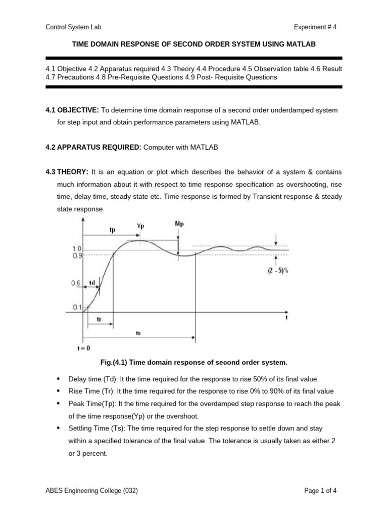 Expt.4 Time Domain Response of Second Order System Using Matlab | PDF | Damping | Applied ...