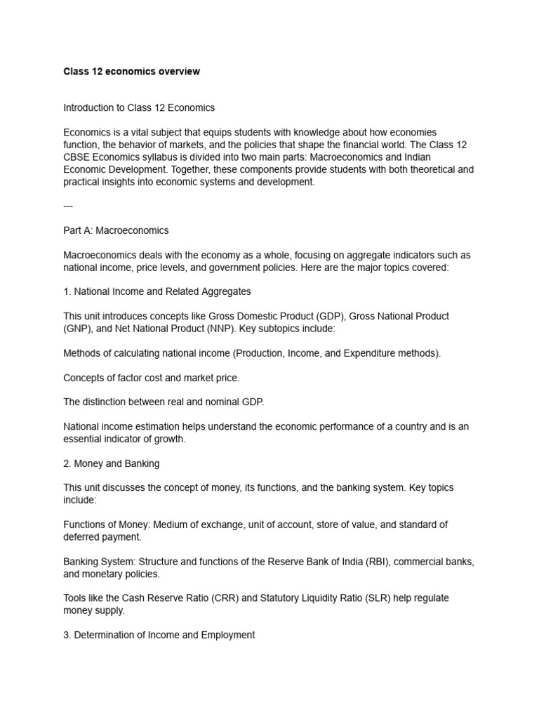 Economics Overview for Class 12 Students | PDF | Macroeconomics ...